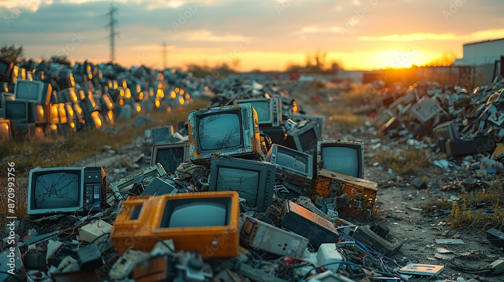 Realistic photo of e-waste landfill with heaps of broken electronics ...