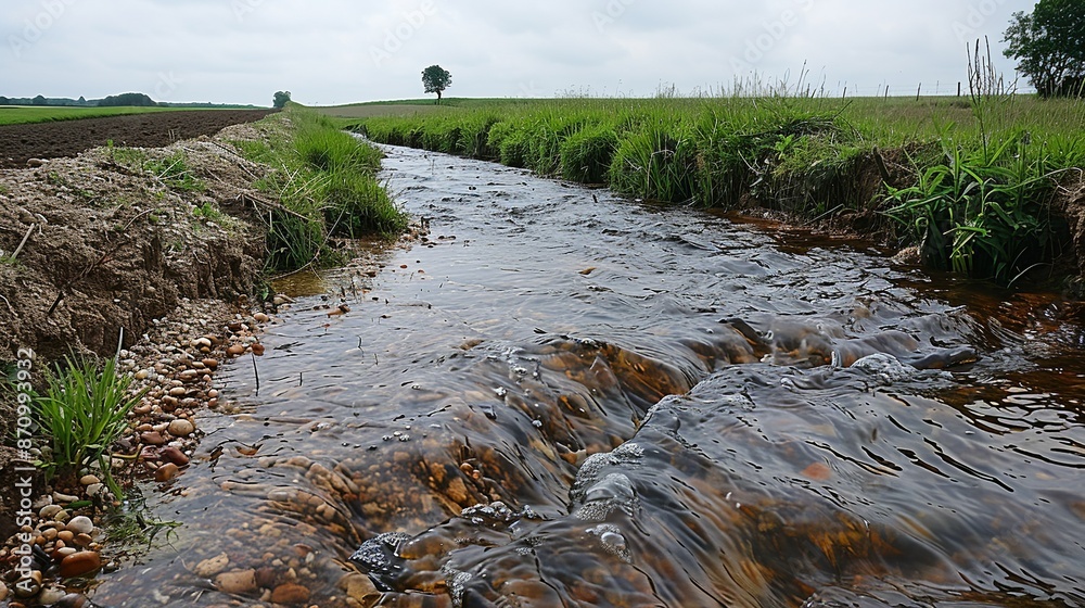 Realistic photo of water pollution in an agricultural area, with ...