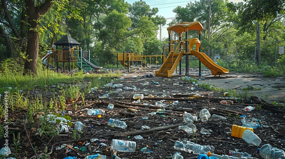 Realistic photo of plastic pollution in a city park, with littered ...