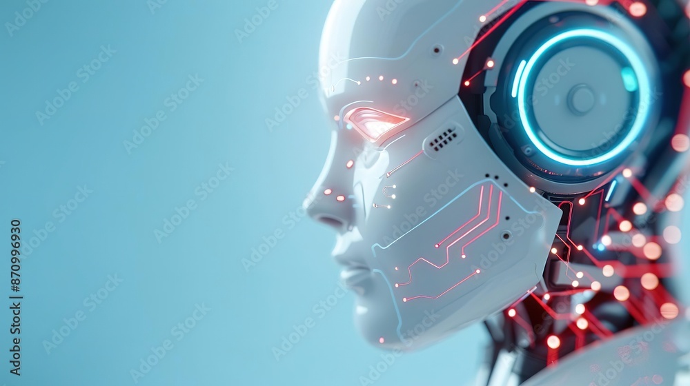 Robotic face with intricate circuits, glowing nodes, blue backdrop ...