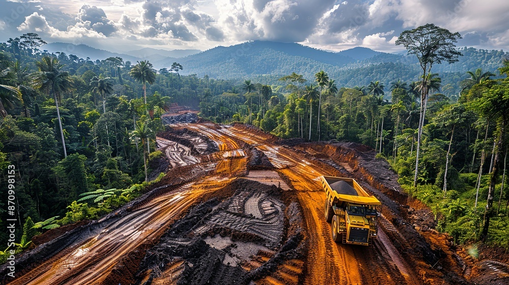 A dramatic realistic photo illustration of deforestation for mining ...