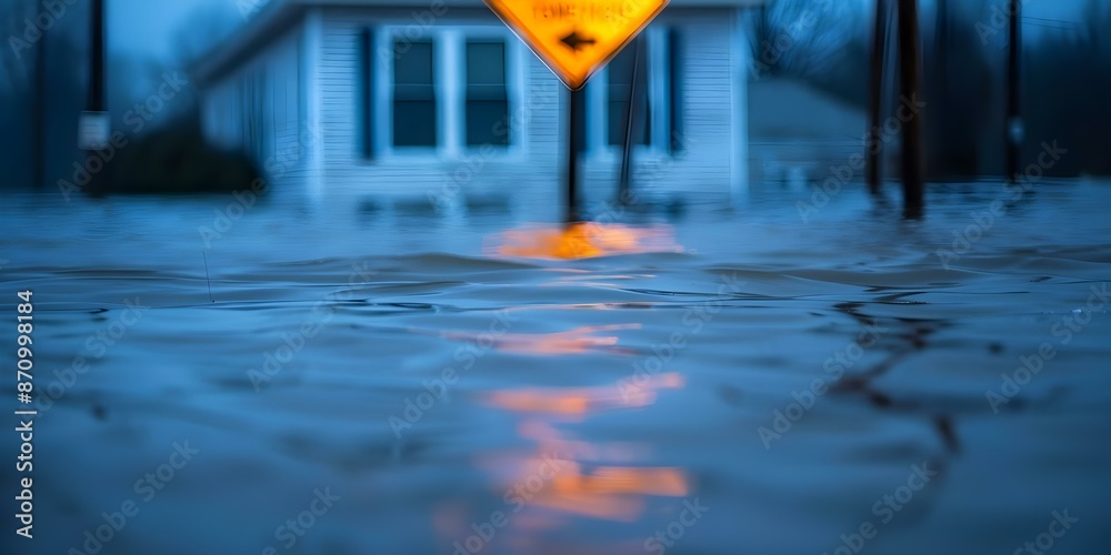 ภาพประกอบสต็อก Downtown flooded water at window level street signs ...