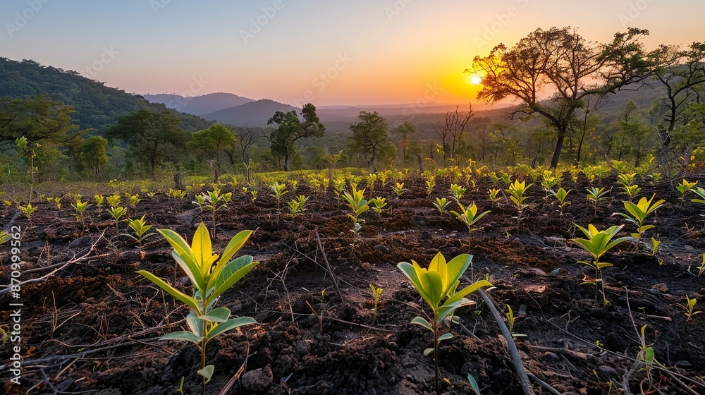 A realistic photo illustration of afforestation, with young trees being ...