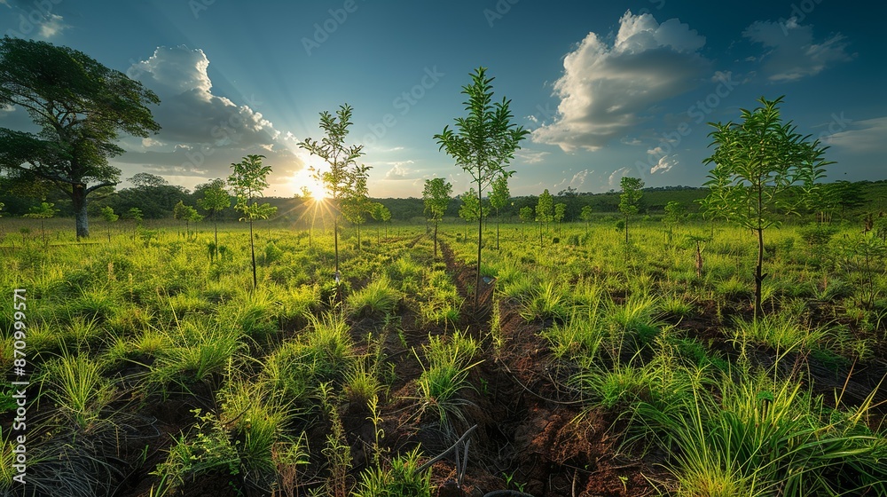 A realistic photo illustration of afforestation, with young trees being ...