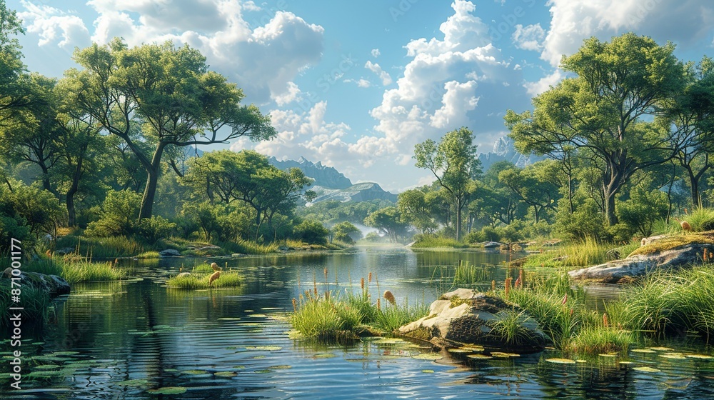 A striking realistic photo illustration of a wildlife sanctuary, where ...
