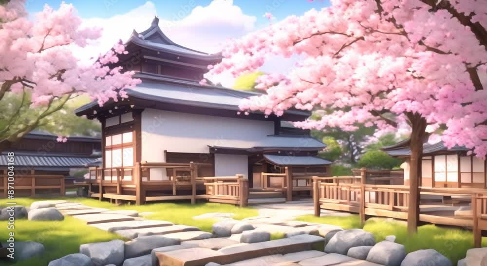 Japanese traditional house in the garden with cherry blossoms ...