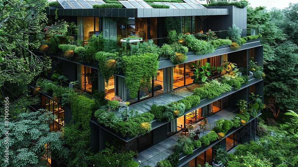 Realistic Photo of Green Building: Depict a modern green building with ...