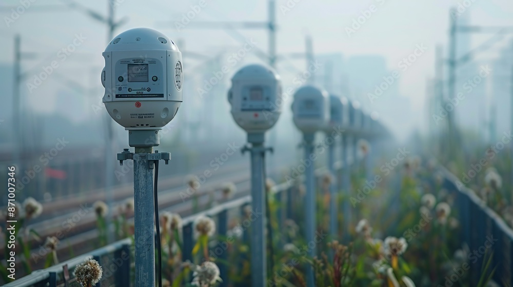 Realistic photo of air quality monitoring stations, illustrating the ...