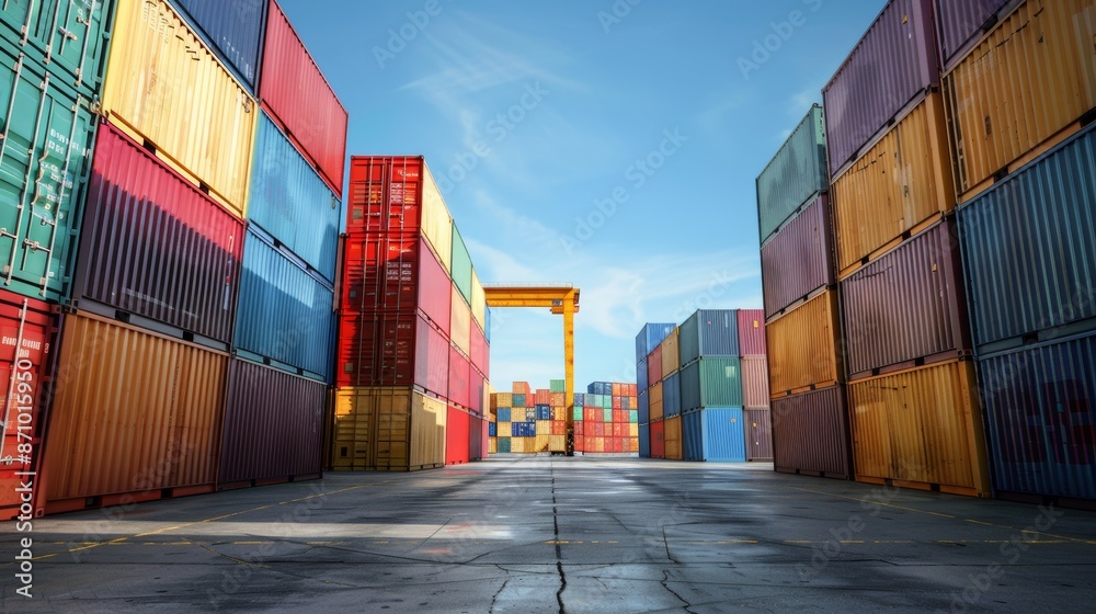 An expansive modern port storage facility with towering stacks of ...