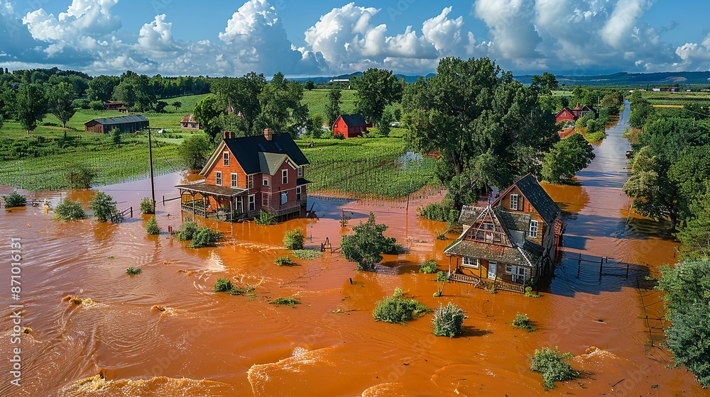 Dynamic realistic photo of an El Nino-induced flood in a rural area ...