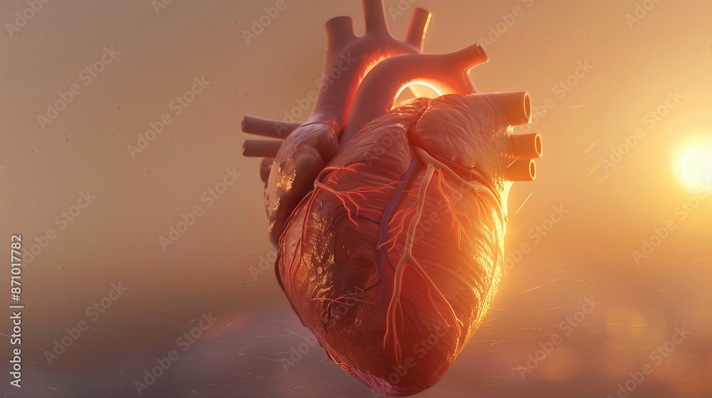 Realistic 3D human heart model floating in a warm, soft sunset ...
