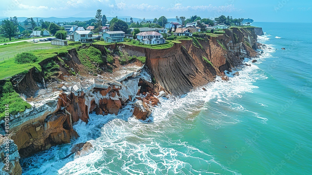 Realistic photo of coastal erosion's gradual impact on a cliffside ...
