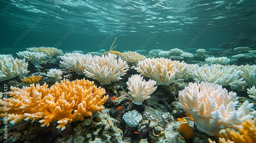 Realistic photo of coral bleaching, depicting the vibrant colors of a ...