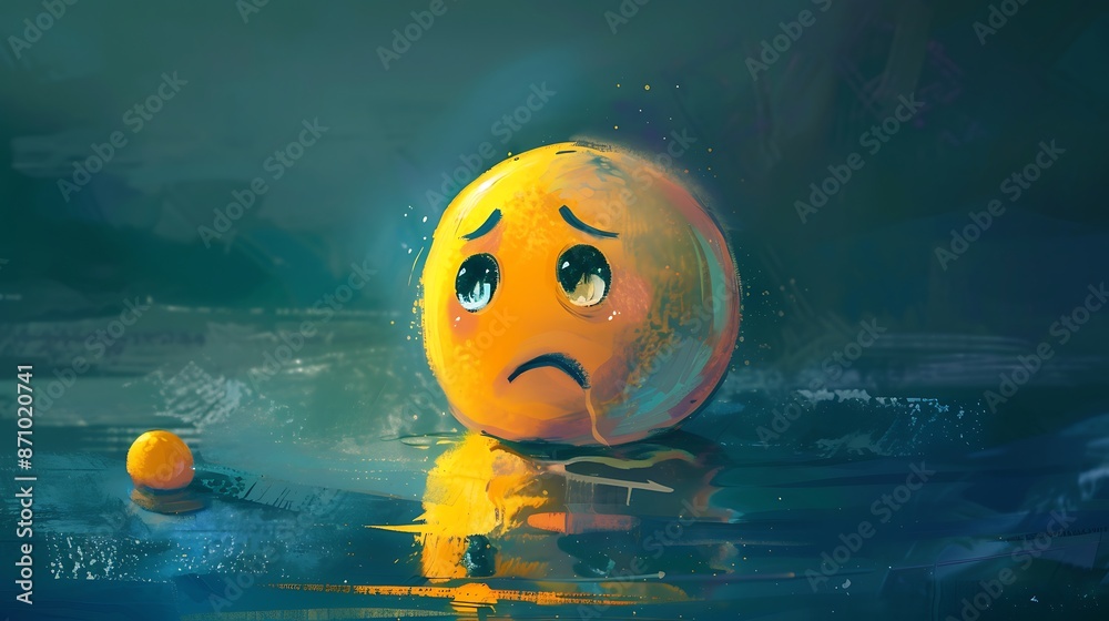 Generate an AI artwork of a sad emoji with watery eyes and a heavy ...