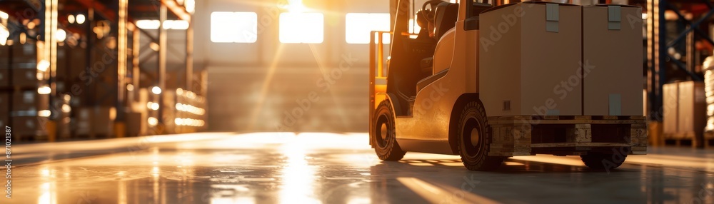 Sunset warehouse scene with forklift moving pallets, illustrating ...