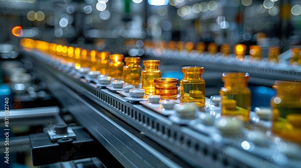 A vibrant, detailed image of a pharmaceutical packaging line with ...
