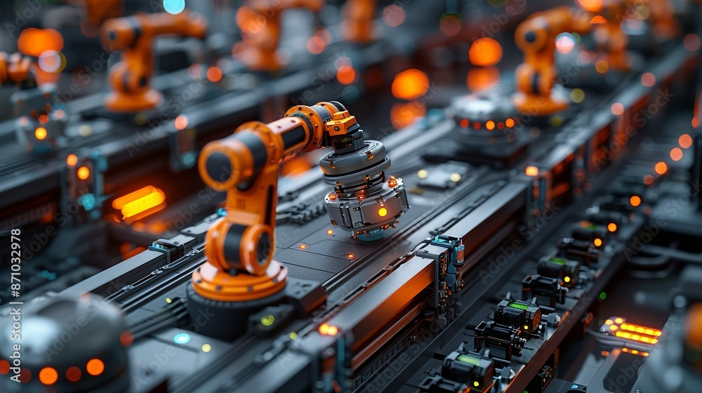 A detailed drawing of an industrial robotics assembly line, with ...