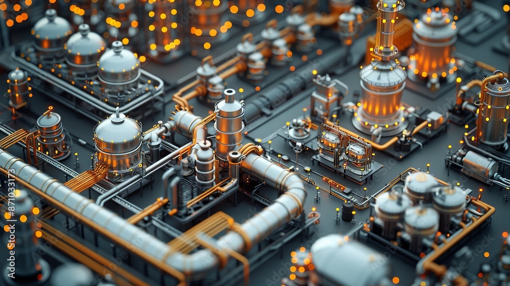 An illustration of a chemical processing plant with reactors, mixing ...