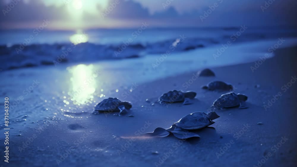 A group of sea turtles on a beach near the ocean, possibly hatching or ...