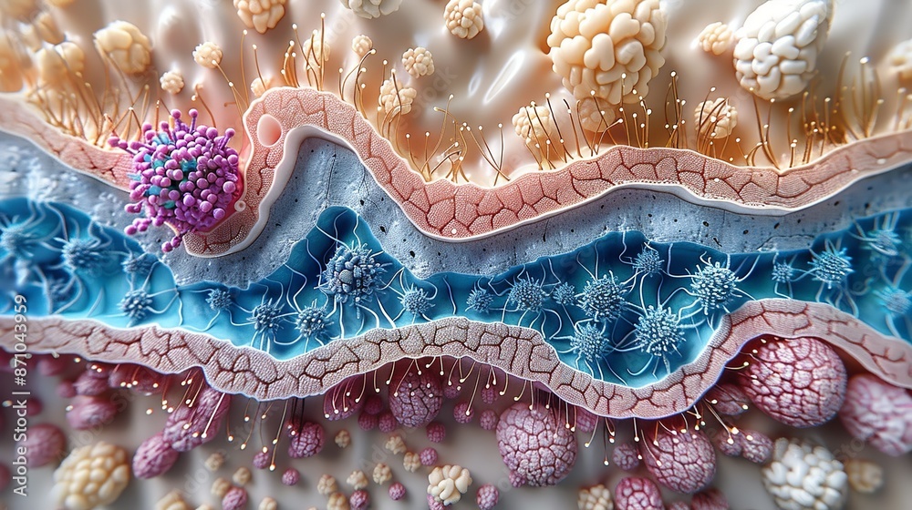 Cellular structure of human skin layers, highlighting epidermis, dermis ...