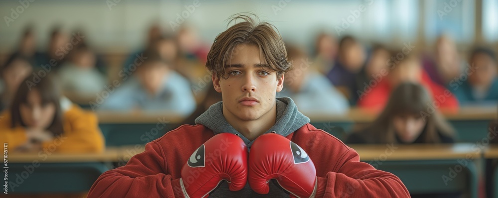Young male student in a classroom setting wearing red boxing gloves ...