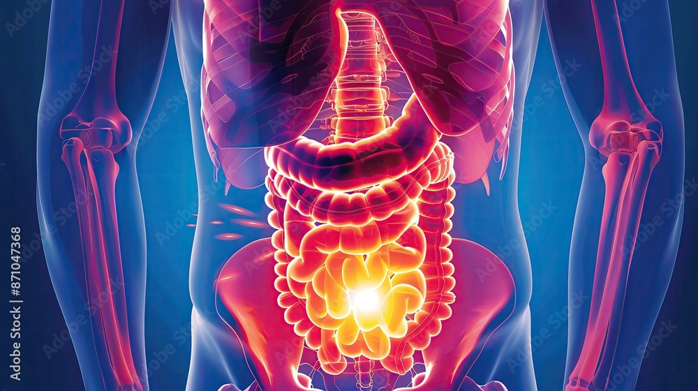 Human digestive system illustration showing intestines, stomach, and ...