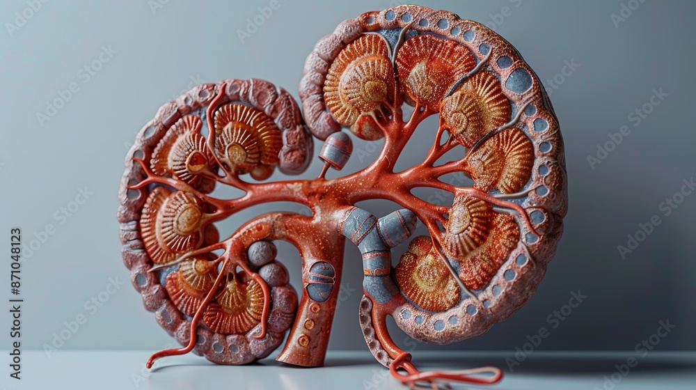 Cross-sectional view of healthy human kidney, showing nephron structure ...