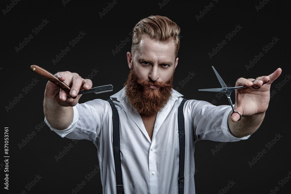 Haircut by hairdresser at barbershop. Barber man. Man barber with razor ...