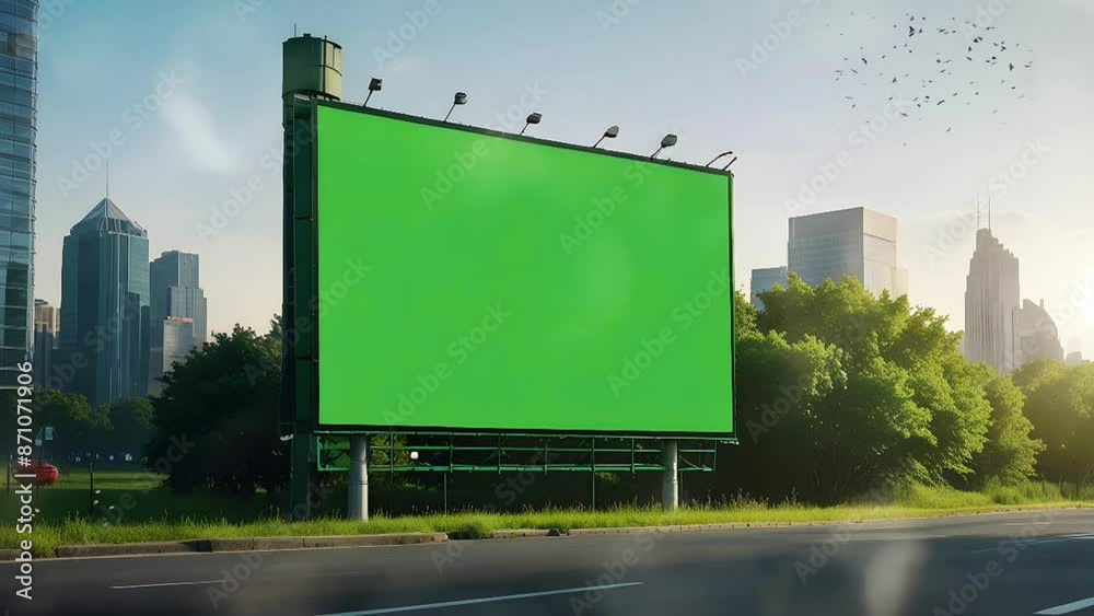 green screen billboard on the side of the toll road with an urban ...