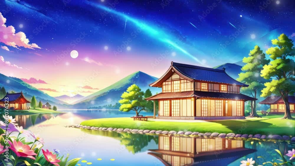 Peaceful nature landscape background with house on beautiful lake and ...