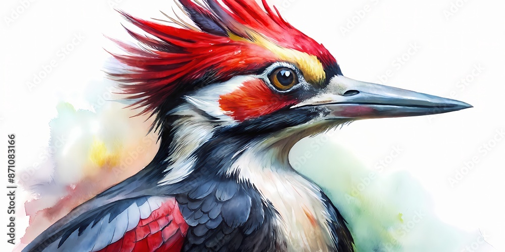 Vibrant pileated woodpecker with distinctive red crest and black and ...