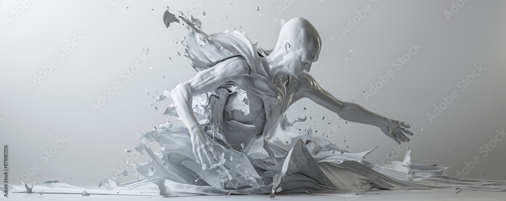 Surreal grayscale sculpture of a dynamic human figure, frozen in fluid ...