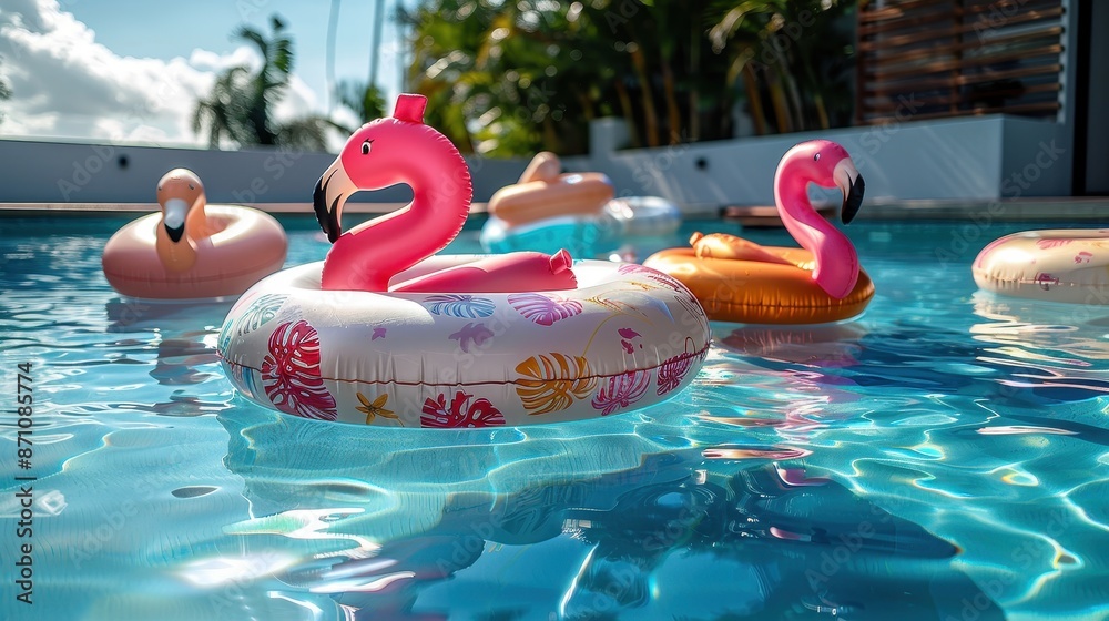 Bright and colorful pool scene featuring inflatable flamingos and a ...