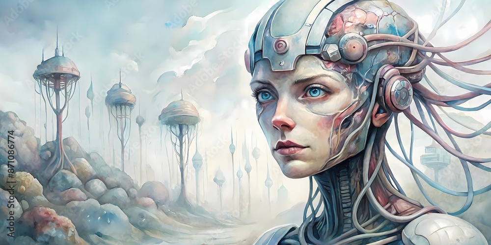 ภาพประกอบสต็อก A futuristic cyborg woman's dissected head reveals ...