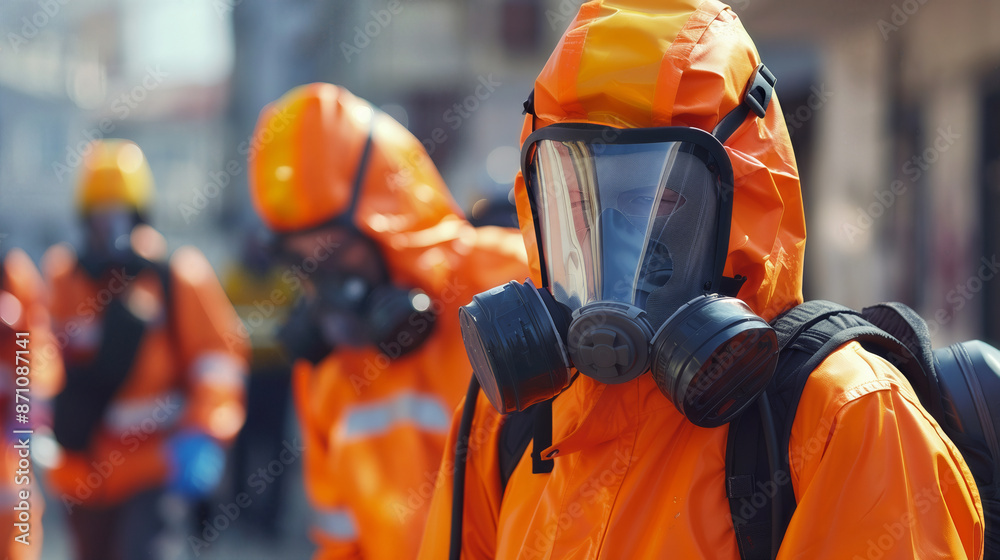 Two individuals wearing hazmat suits and gas masks are seen managing a ...