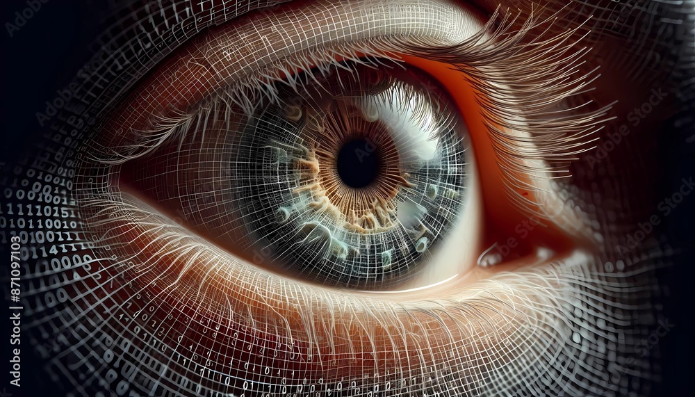 intimate portrait of a human eye. / Seen from profile, a mesh of binary ...