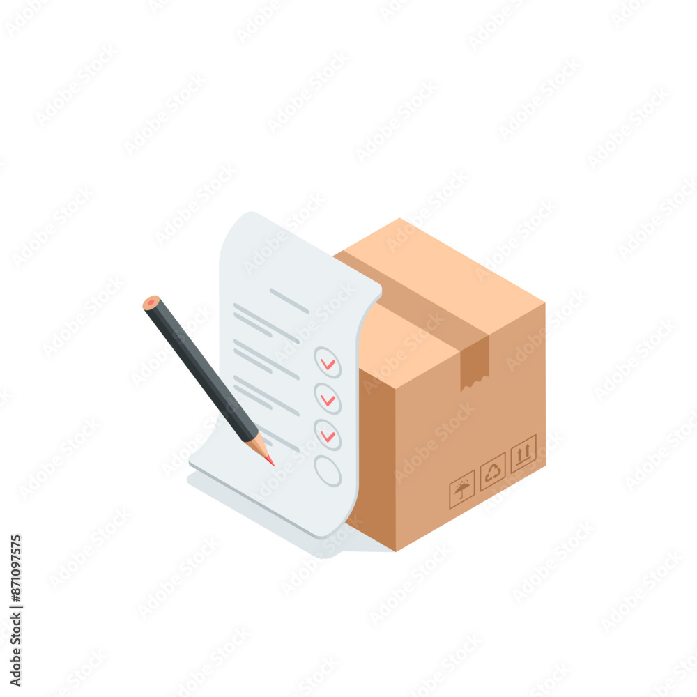 isometric vector sheet of paper with check marks and pencil near the ...