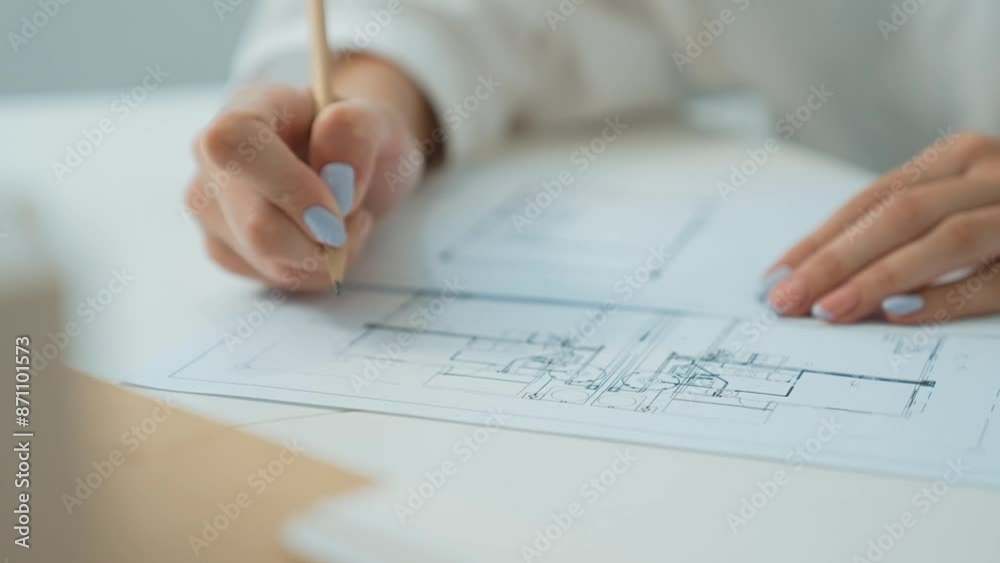 Closeup of professional young beautiful architect hand drawing ...