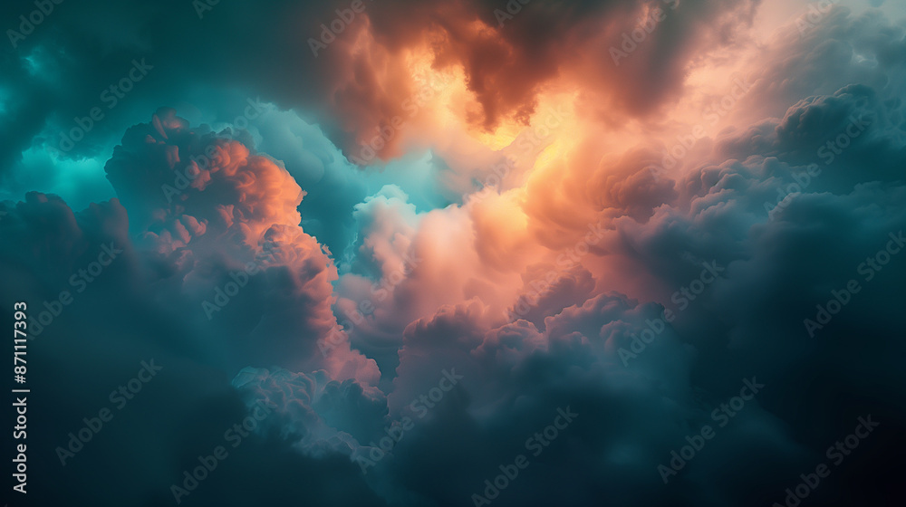 Sky with clouds stormy background, blue thunderclouds with pink rays of ...