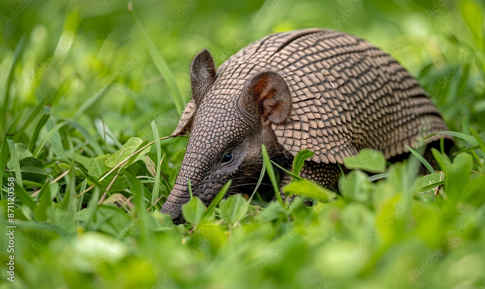 An armadillo seen in the grass with its segmented, textured shell ...