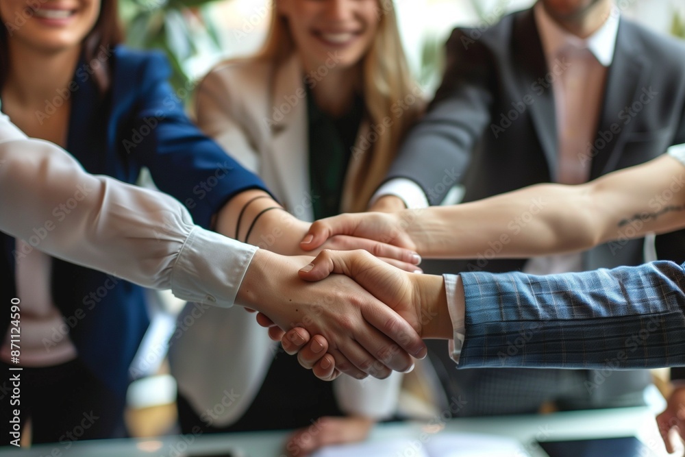 Team, business people and shaking hands for welcome, introduction or ...