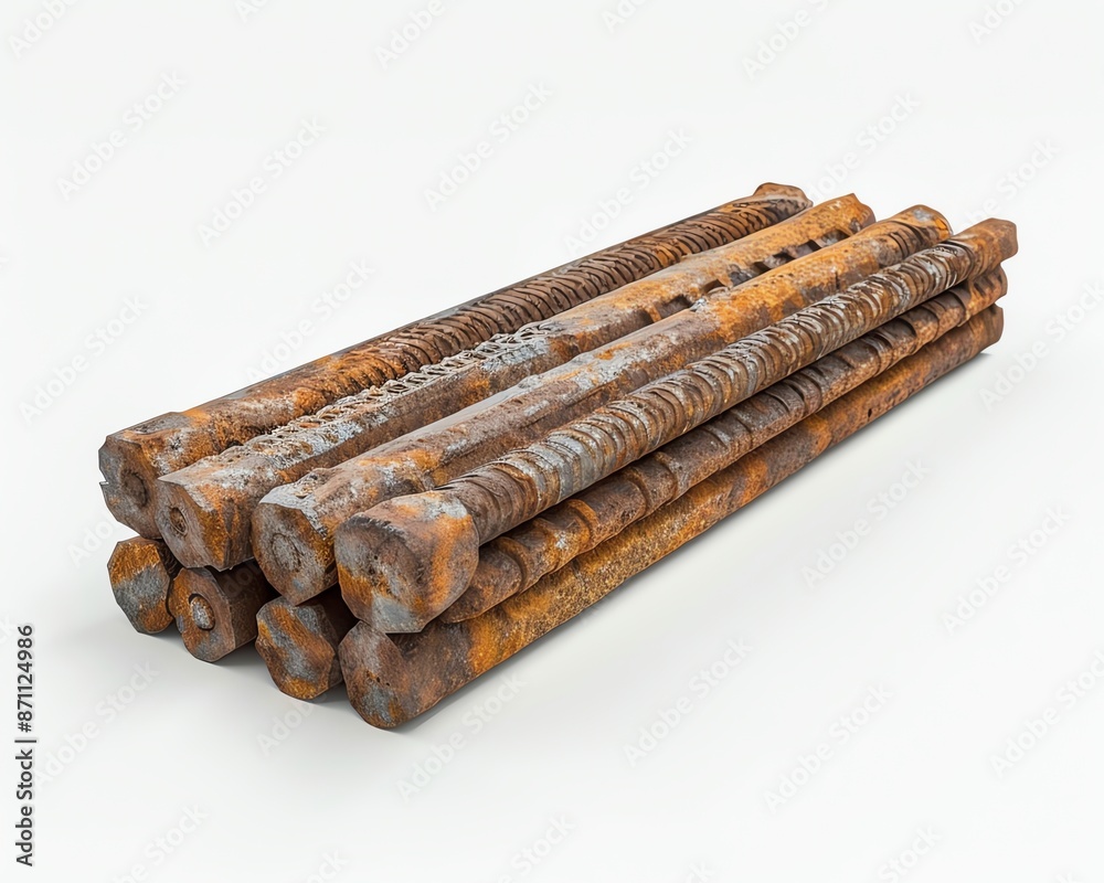 Image of a bundle of deformed rebar on a white background, emphasizing ...