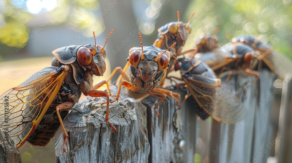 An engaging capture of cicadas interacting atop a wooden fence post ...