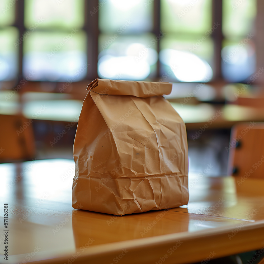 Sack lunch - a school lunch in a brown paper bag in a school cafeteria ...