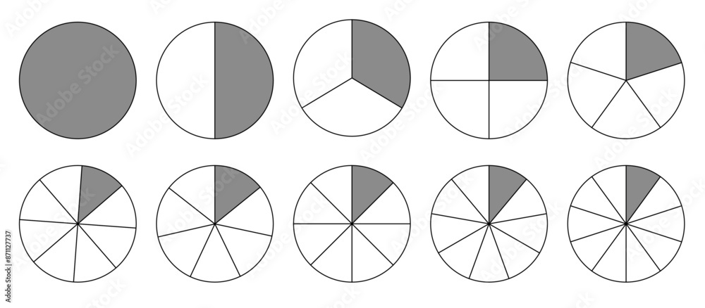 Set of fractions icons Percentage illustration circle pie parts from ...