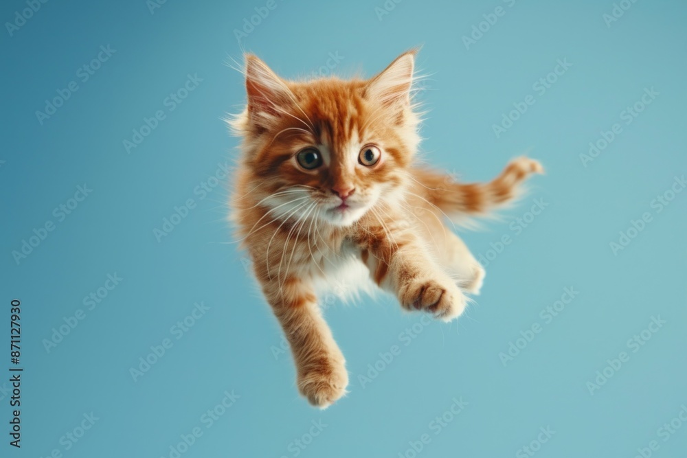 cat jumping in the air. ginger cat stands on its hind legs and reaches ...