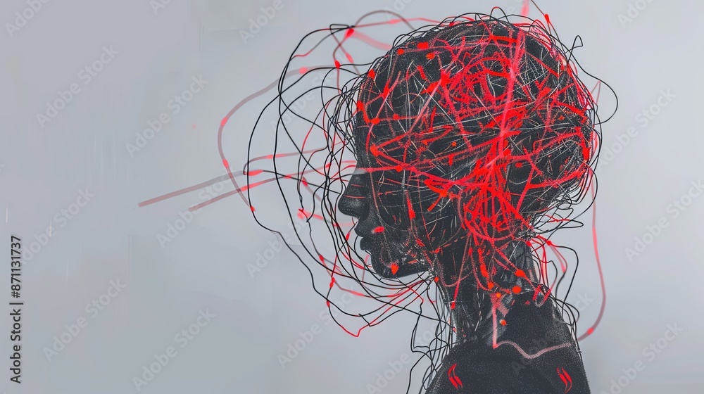 Drawing of a head in red and black twisted and tangled thin lines. The ...