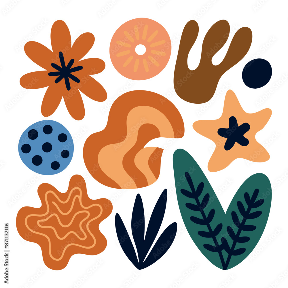 Doodle and abstract nature icons on isolated white background. Summer ...