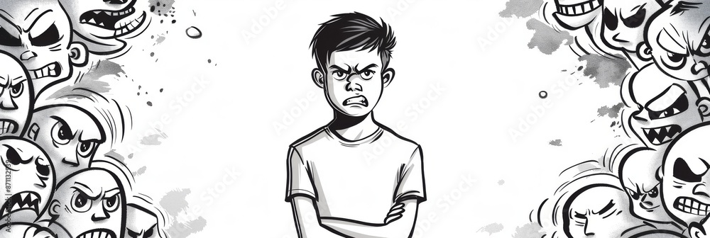 National Bullying Prevention Month. A teenager surrounded by angry ...