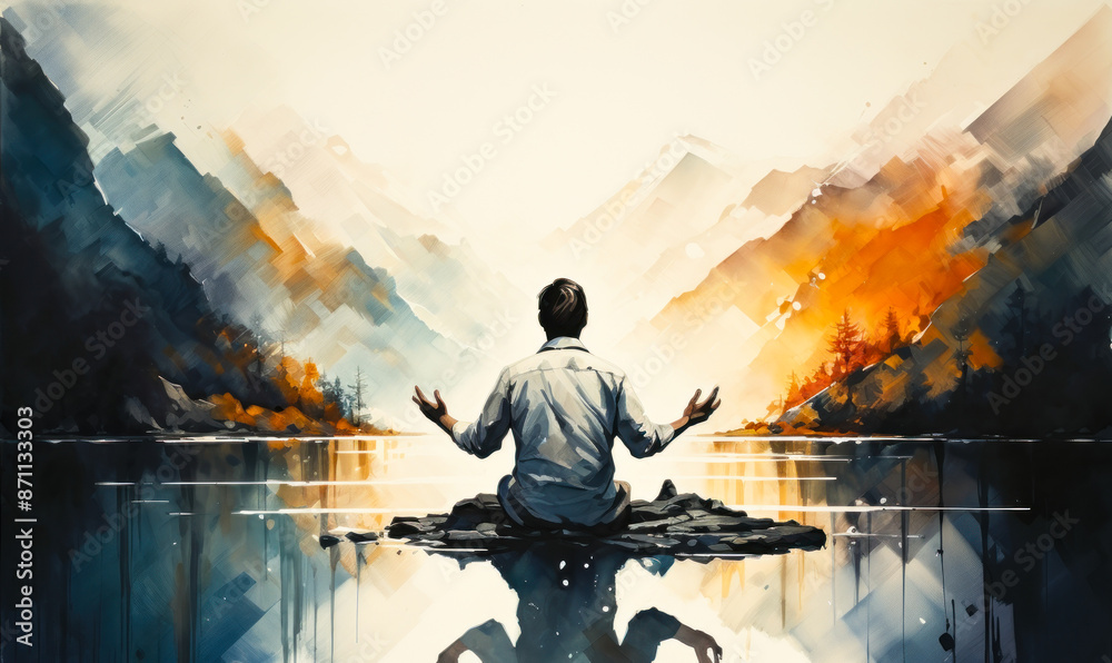 Artistic watercolor painting of a contemplative man meditating with ...
